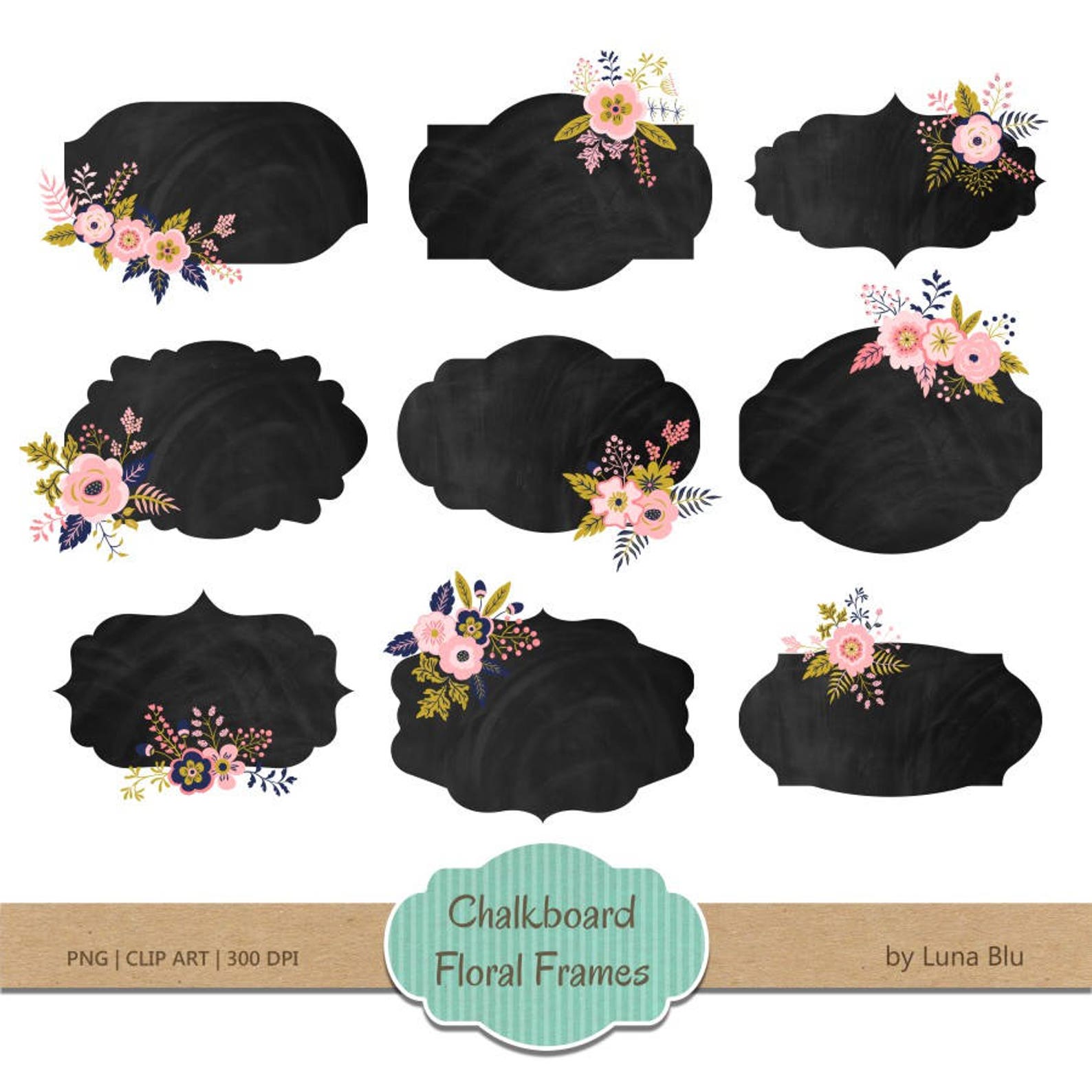 Floral Chalkboard Frames Clipart Chalkboard Floral Labels | Etsy