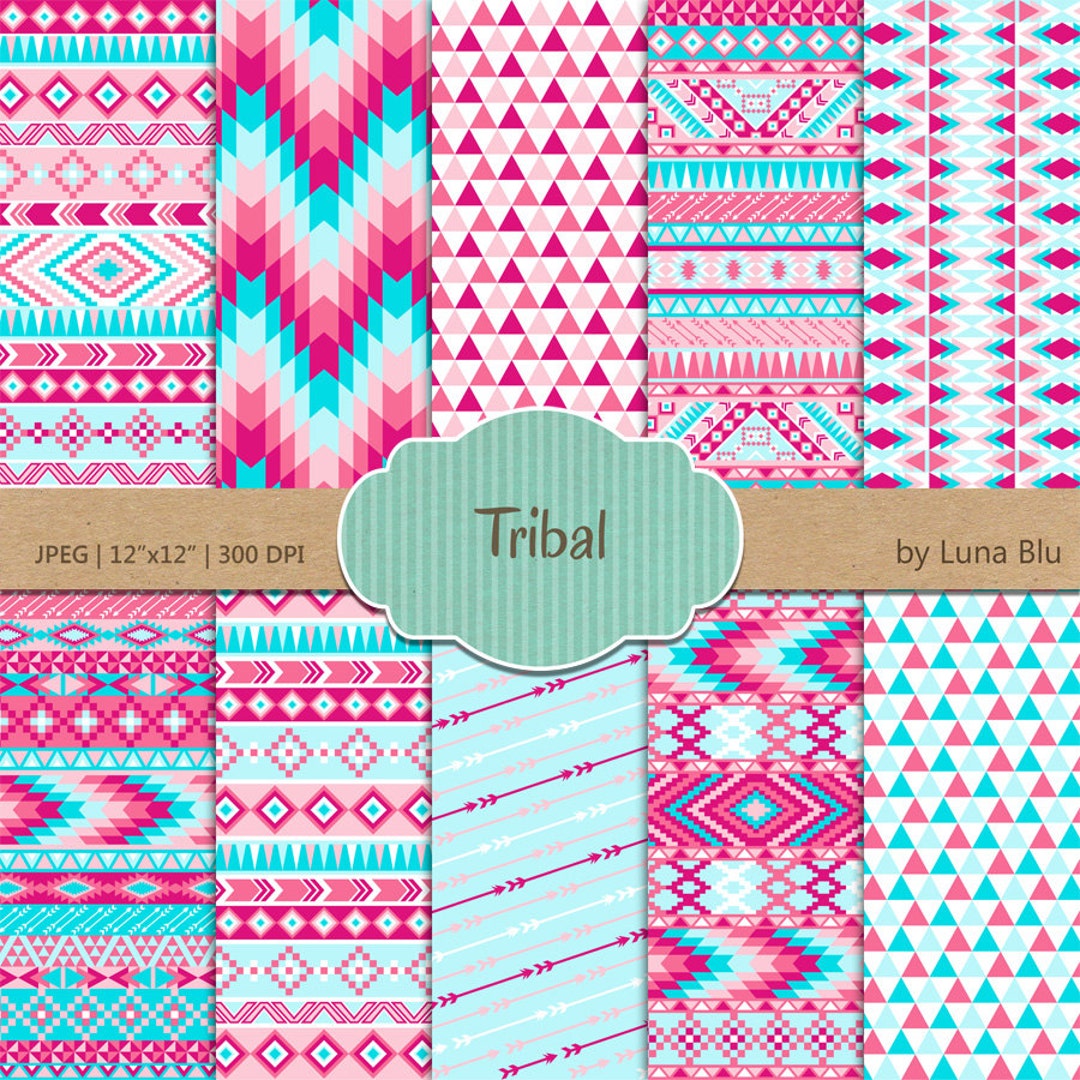 Tribal Digital Paper: "tribal Patterns" Turquoise and Pink With ...