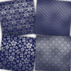 Navy and Silver Digital Paper: silver Foil Patterns Navy Digital Paper ...