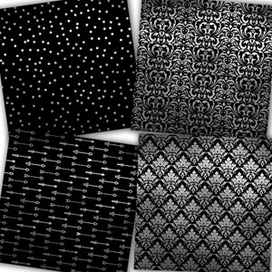 Black and Silver Digital Paper: "silver Foil Patterns" Black Digital ...