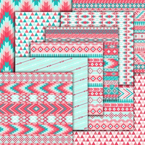 Tribal Digital Paper: "tribal Patterns" Coral and Turquoise Tribal ...