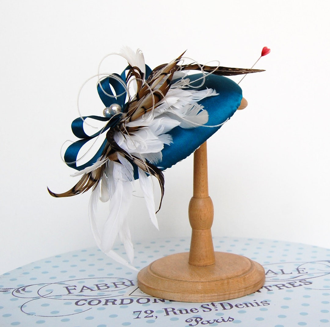 Blue Fascinator Hat-white Feather Hat-kentucky Derby Hat-royal Ascot ...