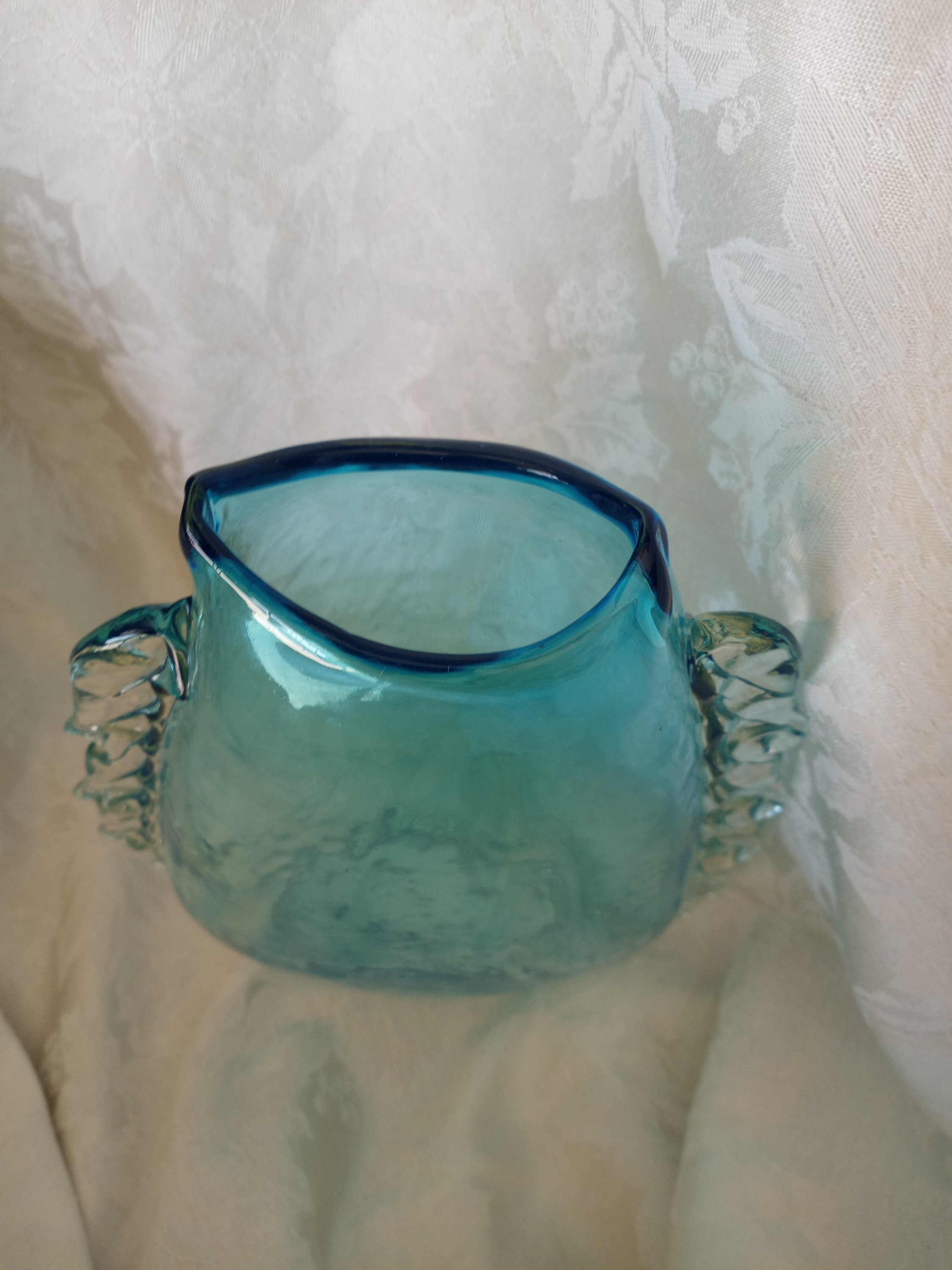 Blenko Aquamarine/teal Hand Blown Vase With Clear Glass - Etsy