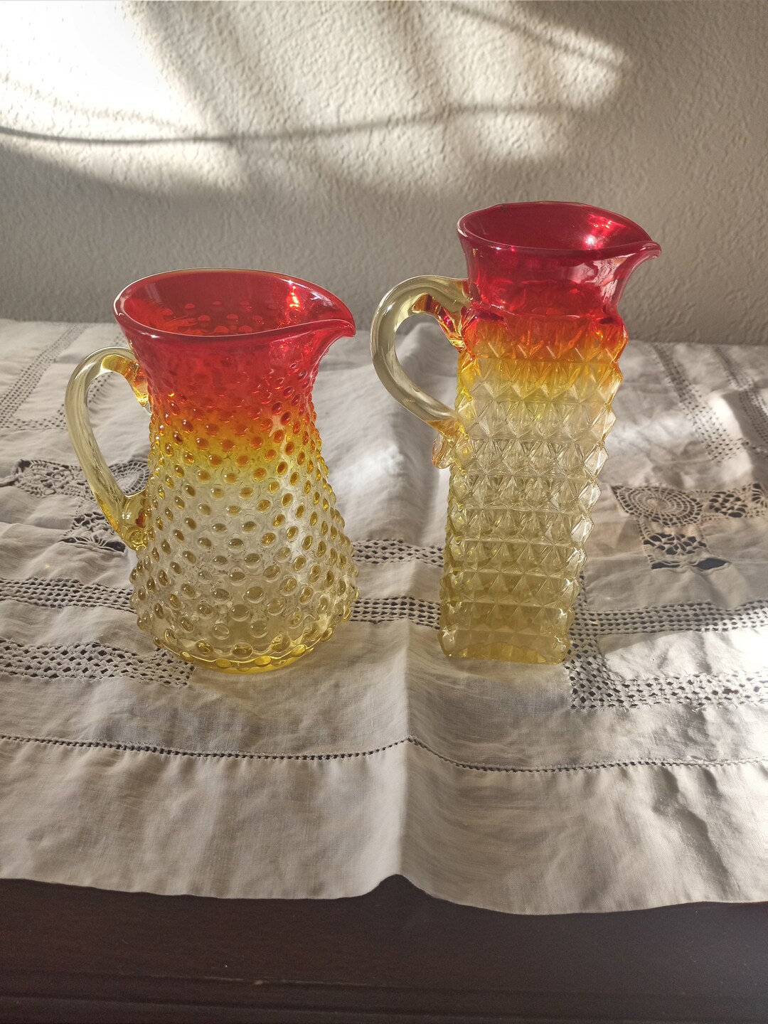 Set of Two Amberina Colored Small Pitchers With Attached Light Yellow ...