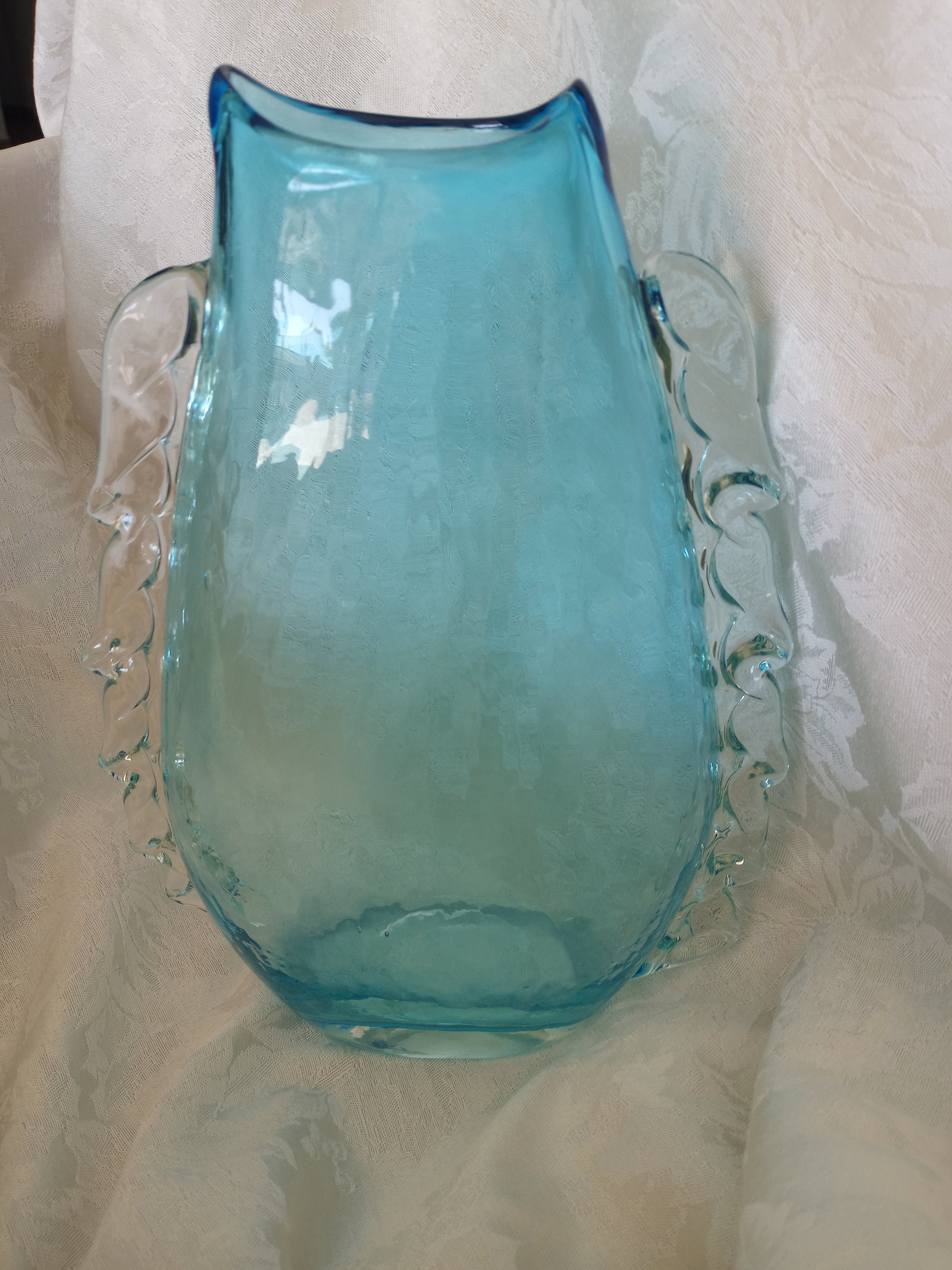 Blenko Aquamarine/teal Hand Blown Vase With Clear Glass - Etsy