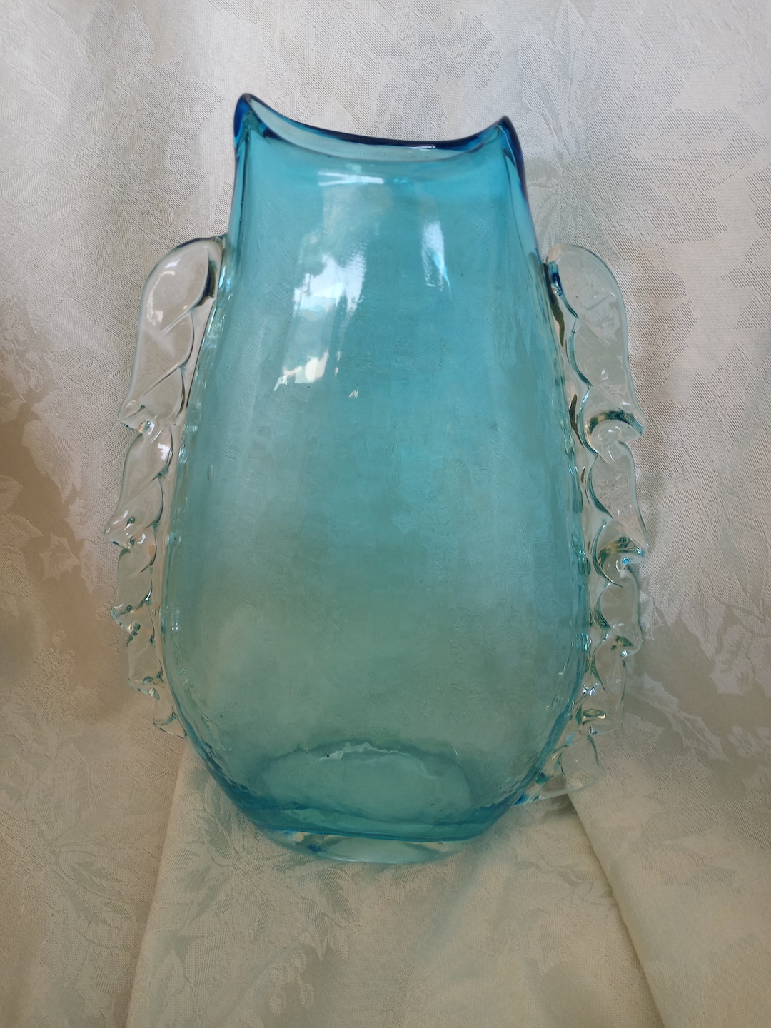 Blenko Aquamarine/teal Hand Blown Vase With Clear Glass Applied Side ...