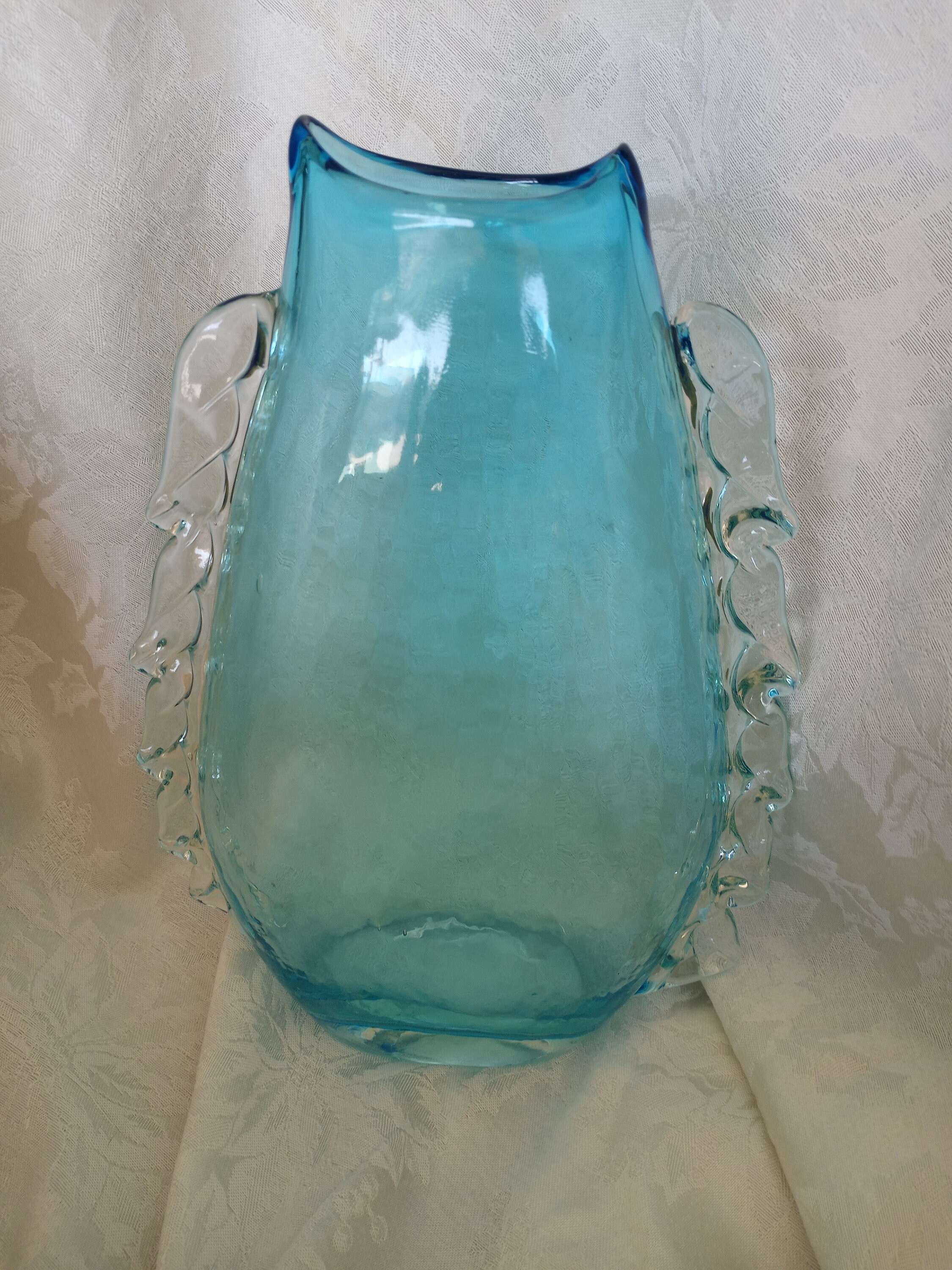 Blenko Aquamarine/teal Hand Blown Vase With Clear Glass Applied Side ...