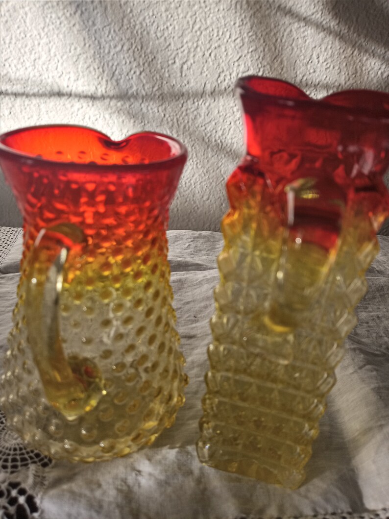 Set of Two Amberina Colored Small Pitchers With Attached Light Yellow ...