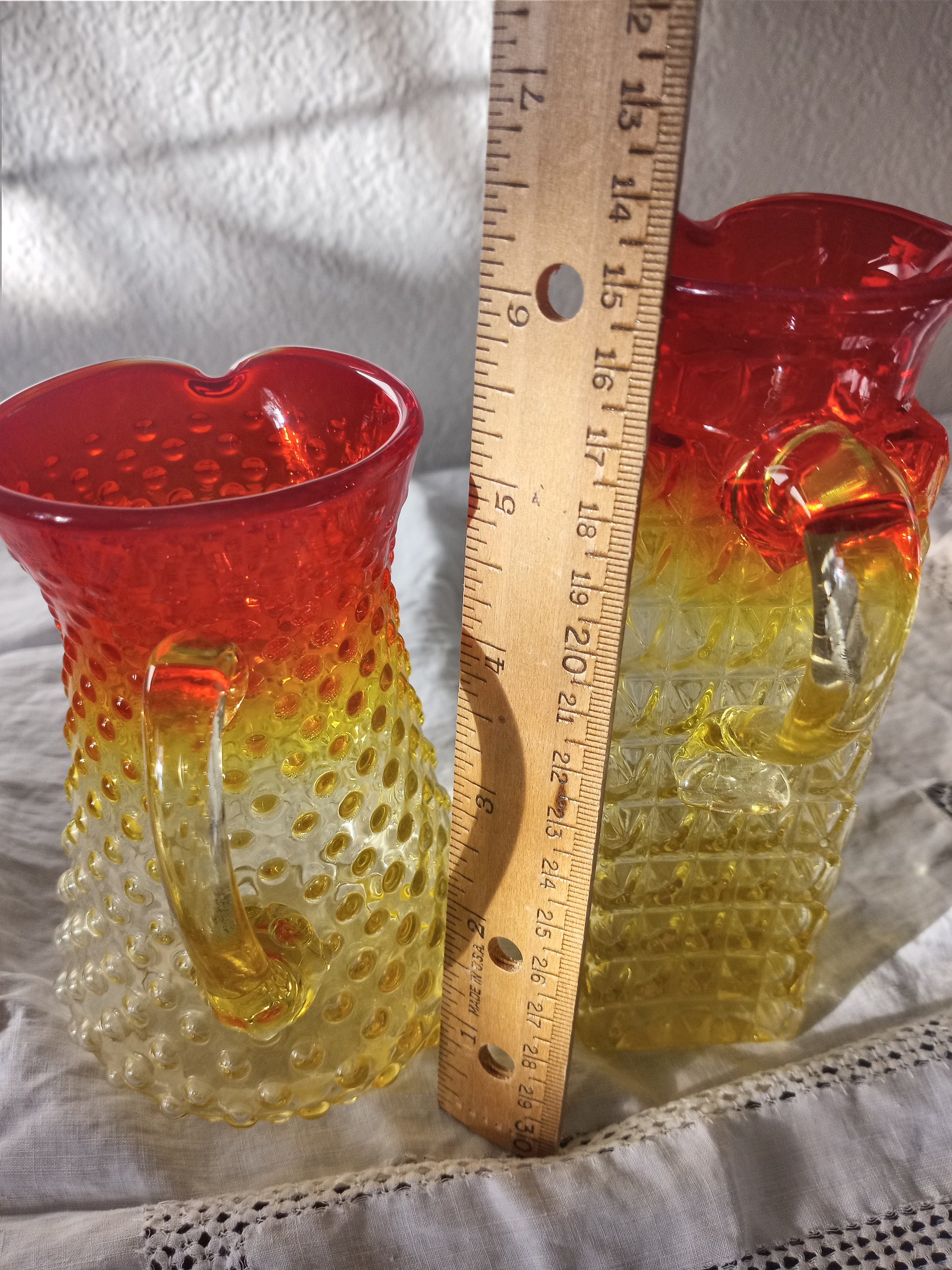 Set of Two Amberina Colored Small Pitchers With Attached Light Yellow ...