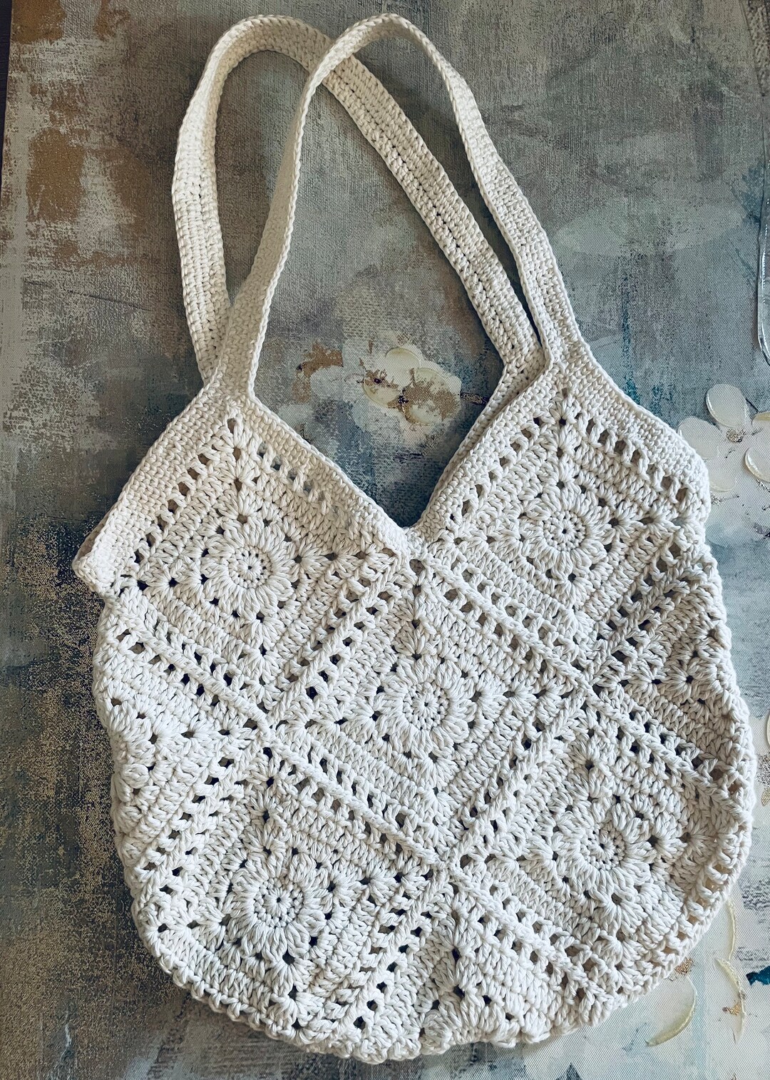 Handmade Crochet Granny Square Bag, Beige Slouchy Shoulder Bag, Large ...