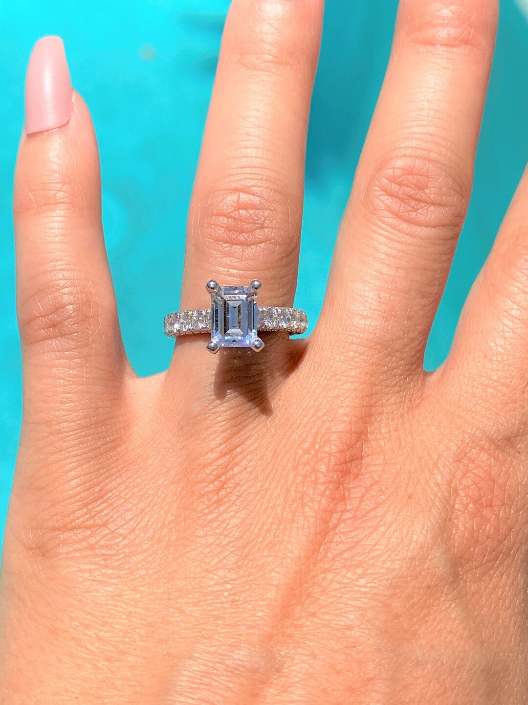 1.50CT Diamond Emerald Cut Shape Under Hidden Halo 3D Diamonds Prong ...