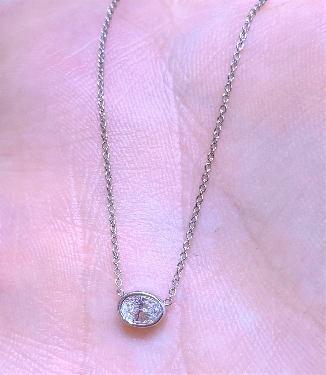 0.25CT Diamond Oval Shape Bezel Set Necklace Dainty Pendant Necklaces ...