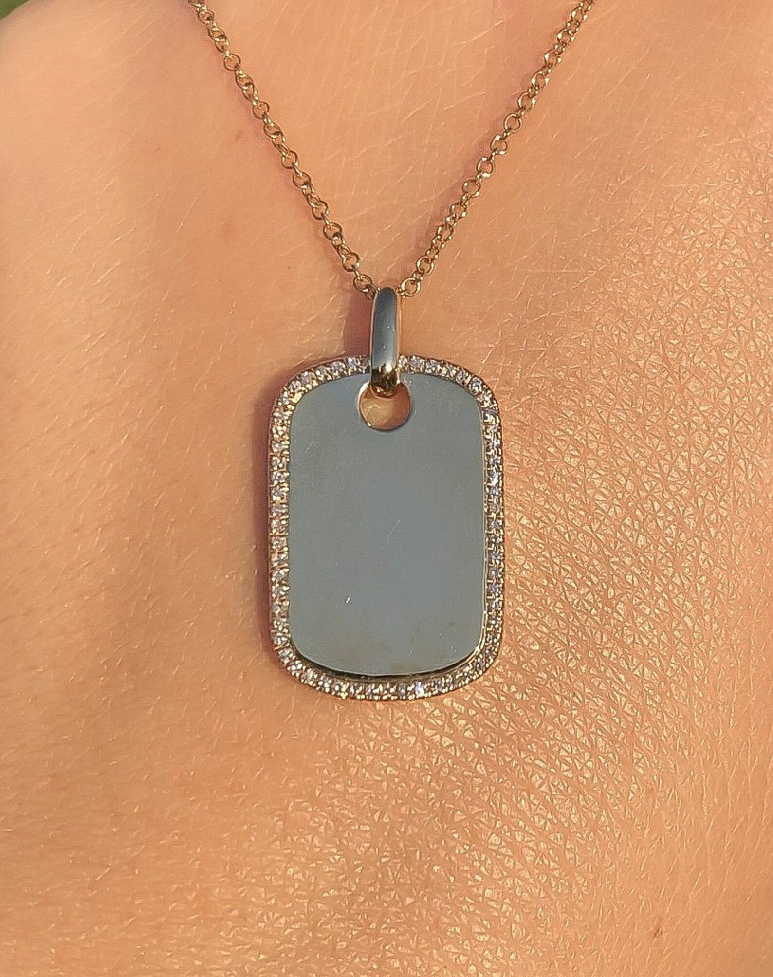 Diamond Dog Tag Outer Outline Diamonds Prong Set Necklace | Etsy