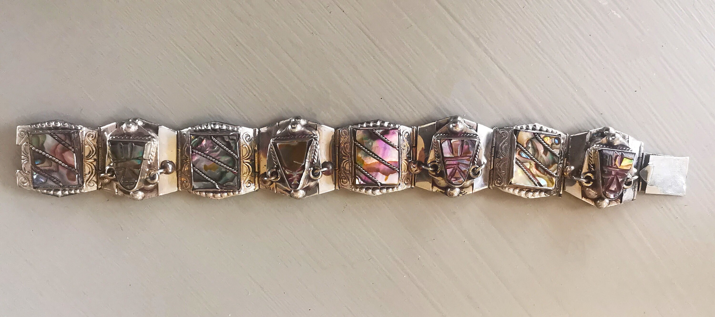 1960's Vintage Mexico Abalone Shell Aztec Faces Sterling Silver ...