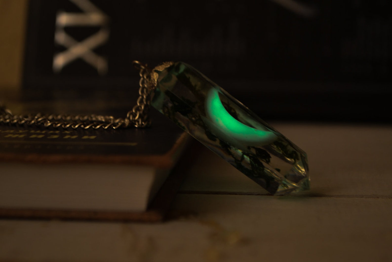 Green Glowing Moon Necklace, Glow in the Dark Necklace, Crystal Point ...
