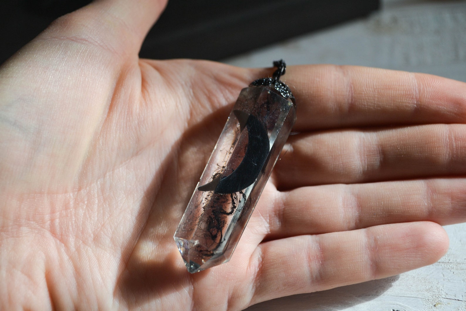 Black moon necklace Black moon pendant Crystal point | Etsy