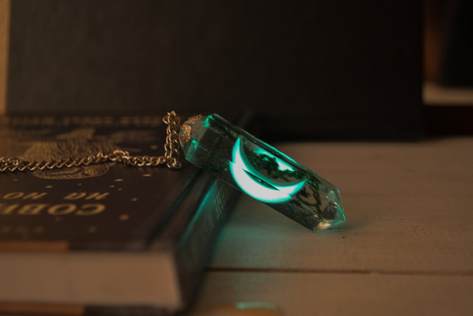 Green Glowing Moon Necklace, Glow in the Dark Necklace, Crystal Point ...