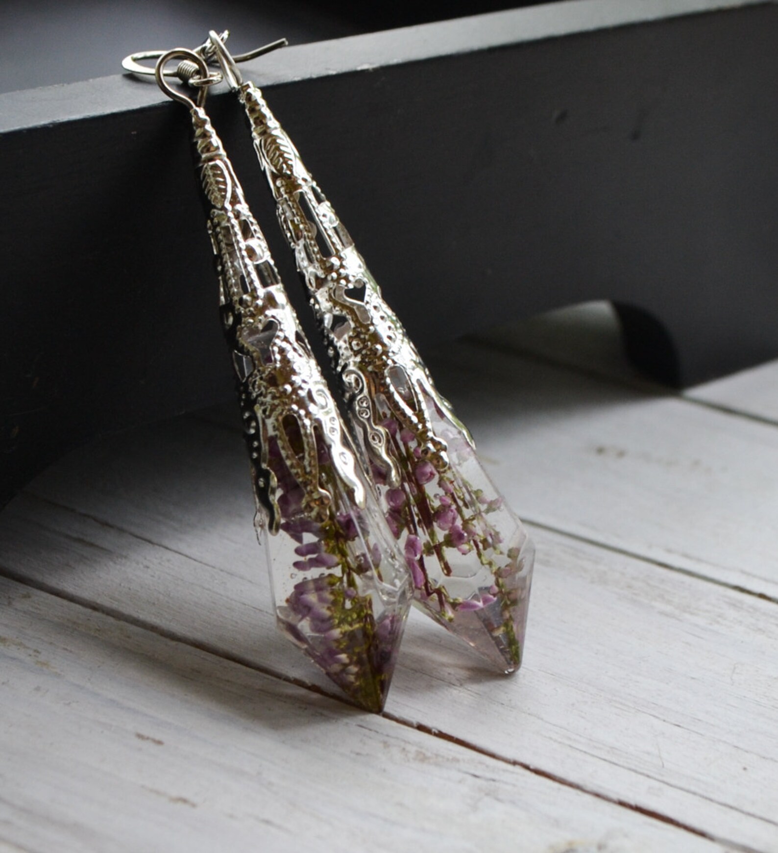 Heather Crystal Earrings, Dangle Earrings, Real Flower Earrings, Elven ...