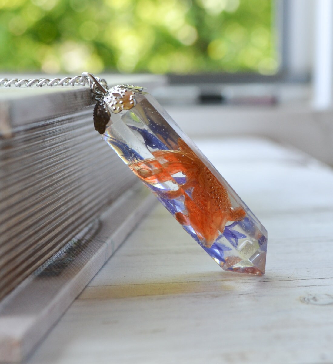 Goldfish crystal necklace with cornflower petals Goldfish | Etsy