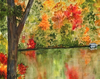 Fall Foliage by Stream Watercolor Painting, Autumn Landscape, Fall ...