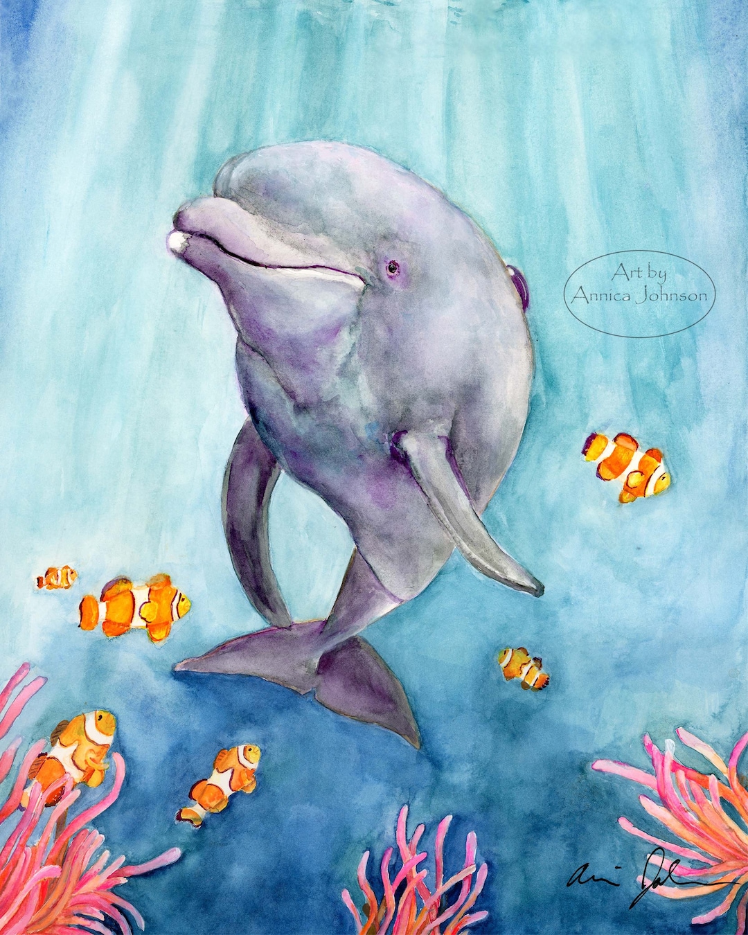Dolphin Watercolor Art Print: Ocean Marine Life Home Decor - Etsy