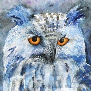 Blue Owl Art Print: Abstract Watercolor Painting, Home Decor - Etsy