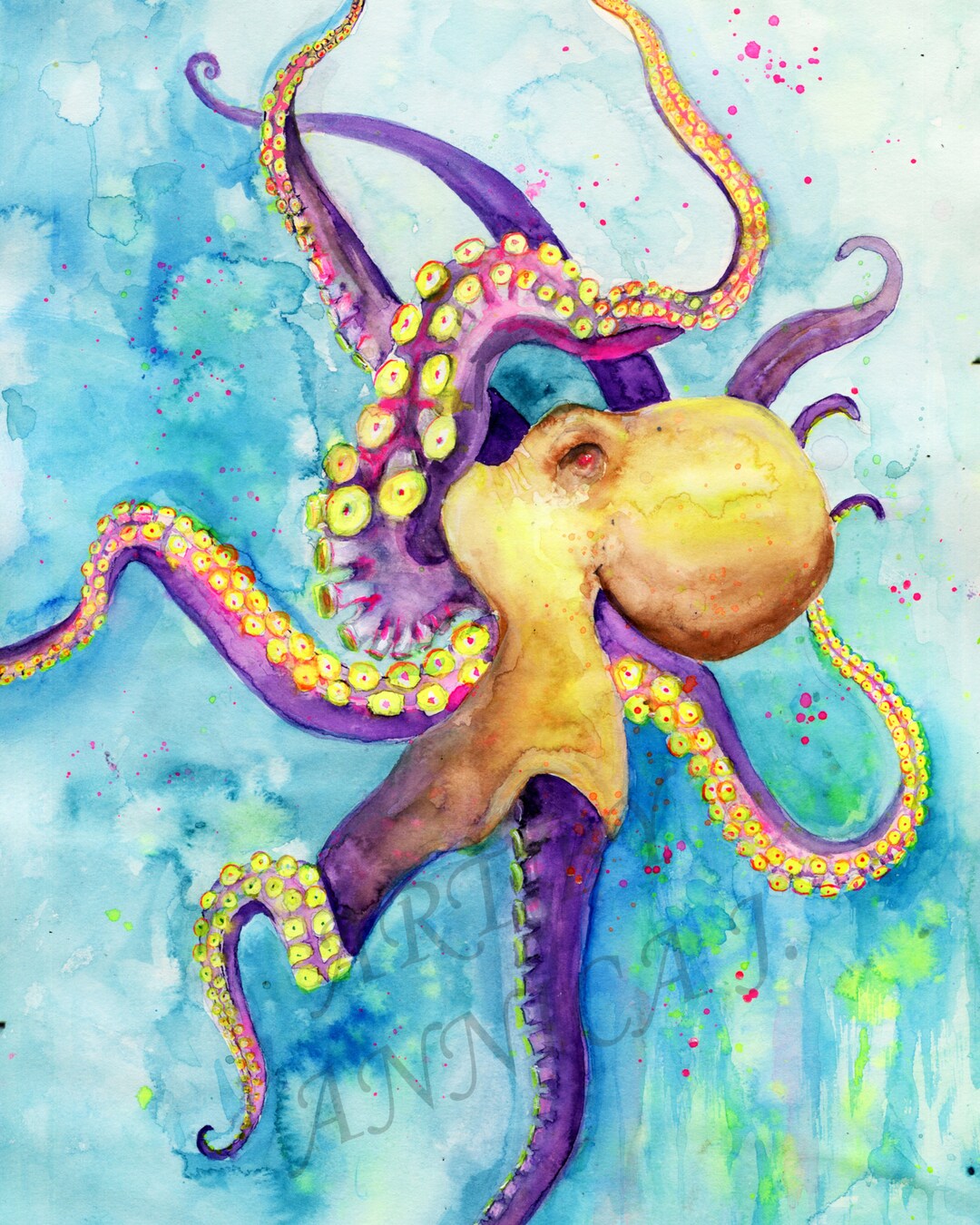 Watercolor Octopus Art Print, Octopus Wall Art, Vibrant Octopus ...