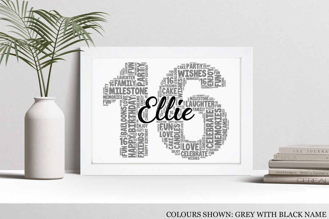 16th Word Art Personalised Print, Custom Wall Art Framed Picture Birthday Gift, for Him, Her ...
