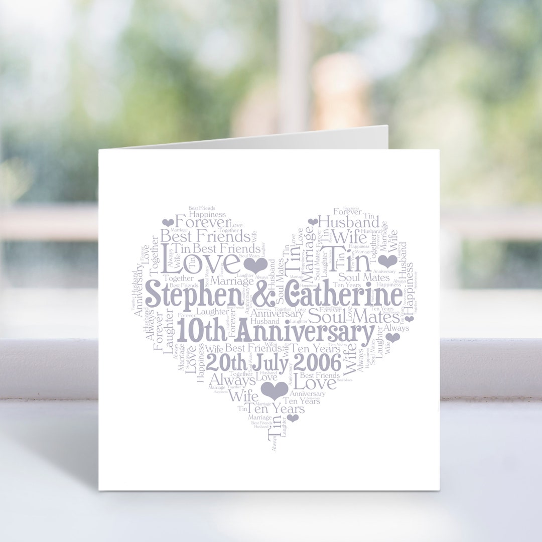 Personalised 10th Anniversary Heart Card - Custom Word Art ...