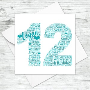 Personalised 12th Birthday Word Art Card - Age 12 Year Old - Childrens ...