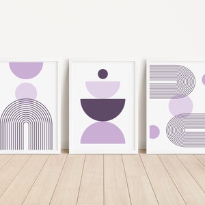 Set of 3 Geometric Shapes Wall Art Prints Modern Mid Century, Purple ...
