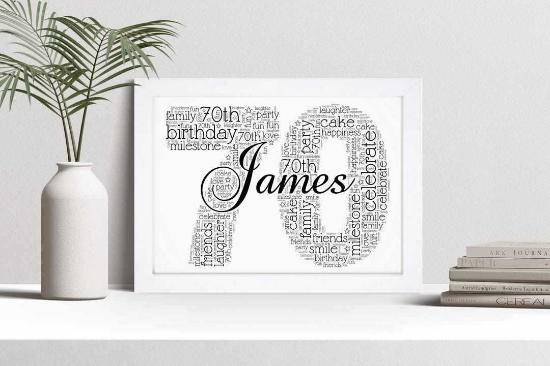 Personalised 70th Word Art Print, 70th Birthday Gift, Custom Wall Art ...