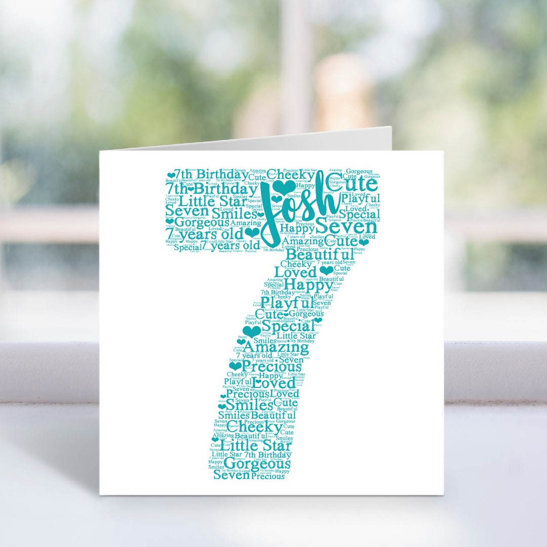 Personalised 7th Birthday Card Custom Word Art Card Age 7 Year Old ...