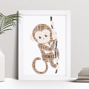 Personalised Cute Monkey Word Art Print, Cheeky Monkey Gift, Custom ...