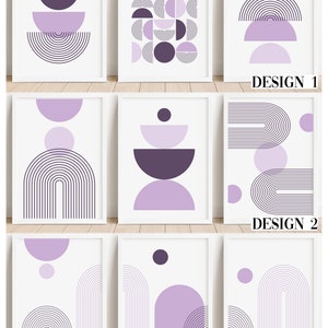 Set of 3 Geometric Shapes Wall Art Prints Modern Mid Century, Purple ...