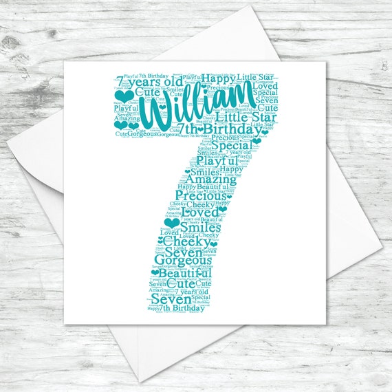 Personalised 7th Birthday Card Custom Word Art Card Age 7 | Etsy