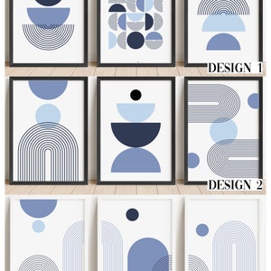 Set of 3 Geometric Shapes Wall Art Prints - Modern Mid Century, Blue ...