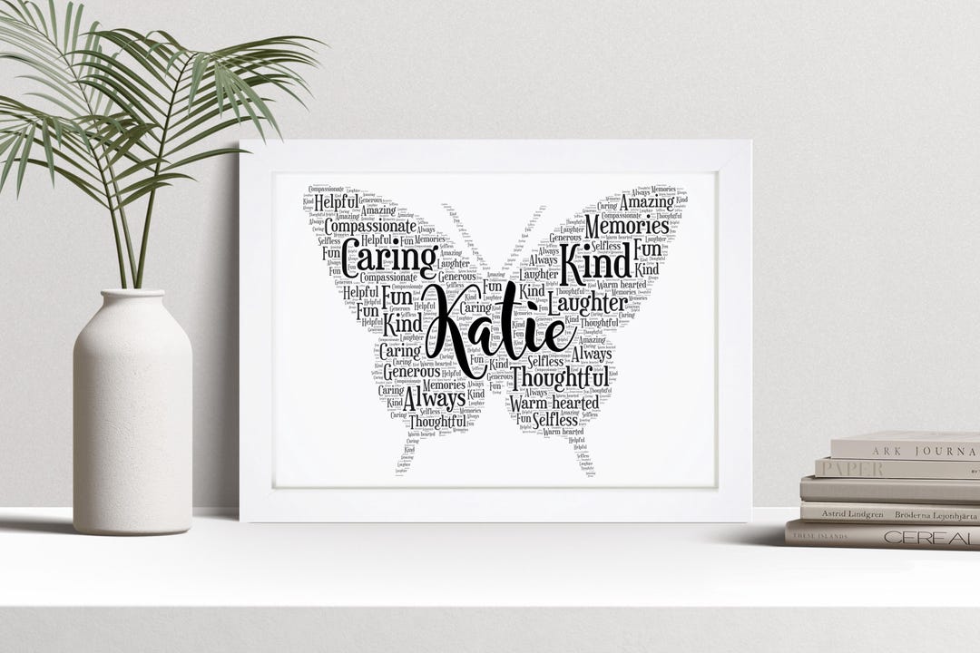 Personalised Butterfly Word Art Print, Friendship Gift, Custom Wall Art Framed Picture, Present ...