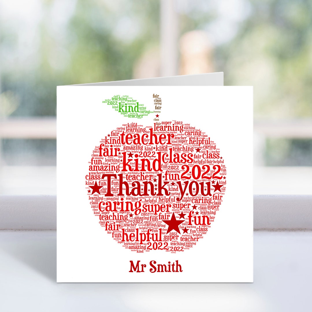 Personalised Apple Word Art Card - Teacher Card, End of Term, End of ...