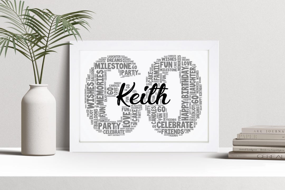 60th Word Art Personalised Print, Custom Wall Art Framed Picture ...