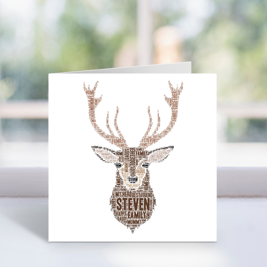 Personalised Stag Head Word Art Card - Deer Card for Birthday - for Him ...