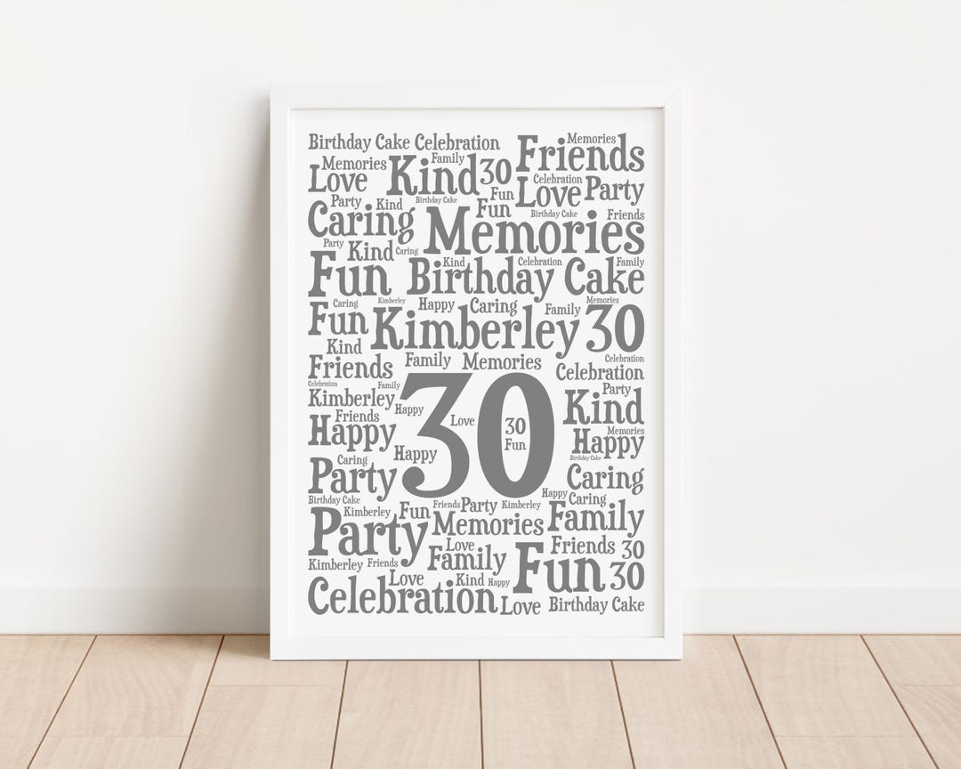 Personalised 30th Print - Custom Word Wall Art - Birthday Gifts - for ...