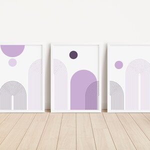 Set of 3 Geometric Shapes Wall Art Prints Modern Mid Century, Purple ...
