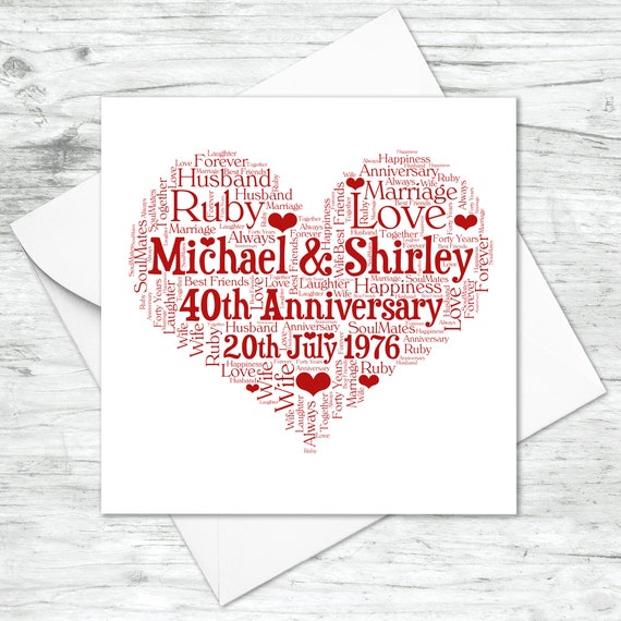 Personalised 40th Anniversary Heart Card Custom Word Art | Etsy