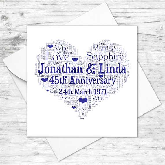 Personalised 45th Anniversary Heart Card Custom Word Art | Etsy