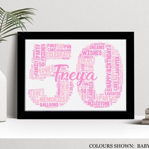 50th Word Art Personalised Print, Custom Wall Art Framed Picture Birthday Gift, for Him, Her ...