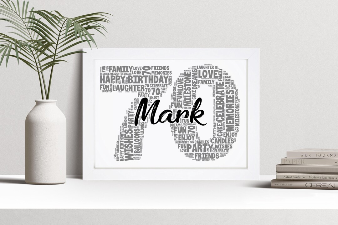 70th Word Art Personalised Print, Seventy Years Old Custom Wall Art ...