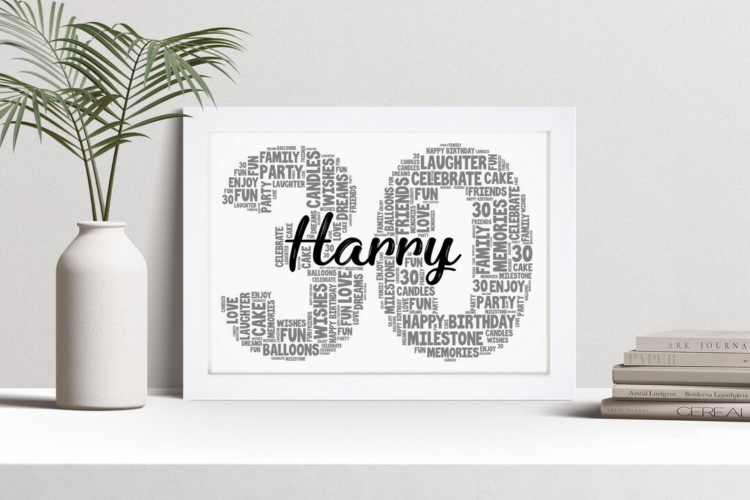 30th Word Art Personalised Print, Thirty Custom Wall Art Framed Picture ...