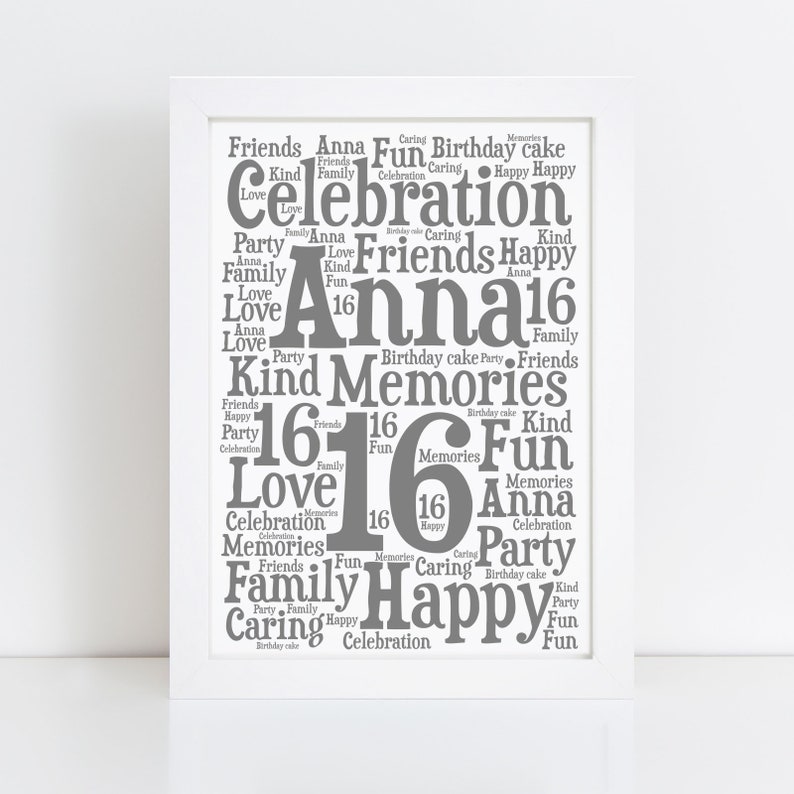 Personalised 16th Print Custom Word Wall Art Birthday - Etsy