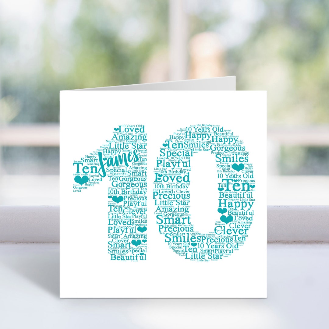 Personalised 10th Birthday Word Art Card - Age 10 Year Old - Childrens ...